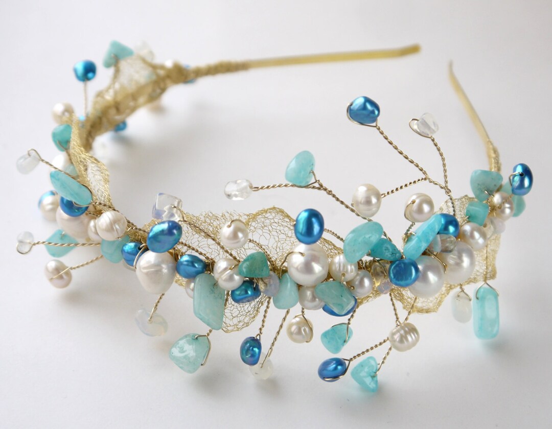 Blue Wedding Tiara OOAK - Freshwater Pearl Jade Opal Gold Side Headband ...