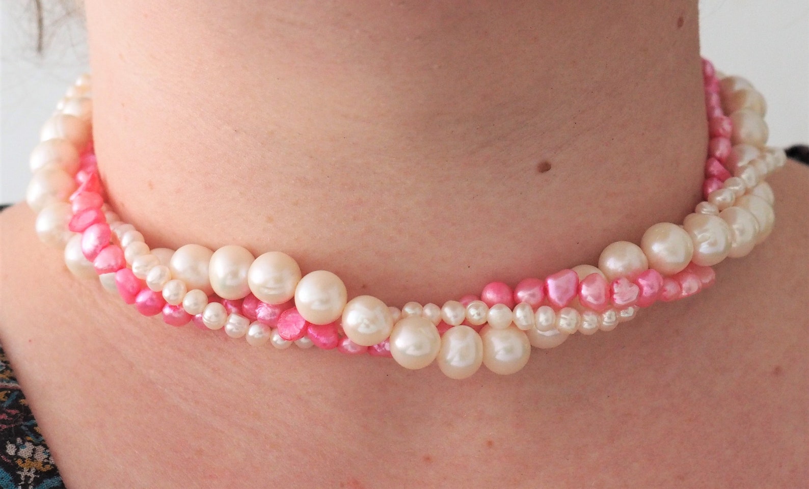 Pink Pearl Necklace - Baby Pink & Ivory White Freshwater Pearls Three ...
