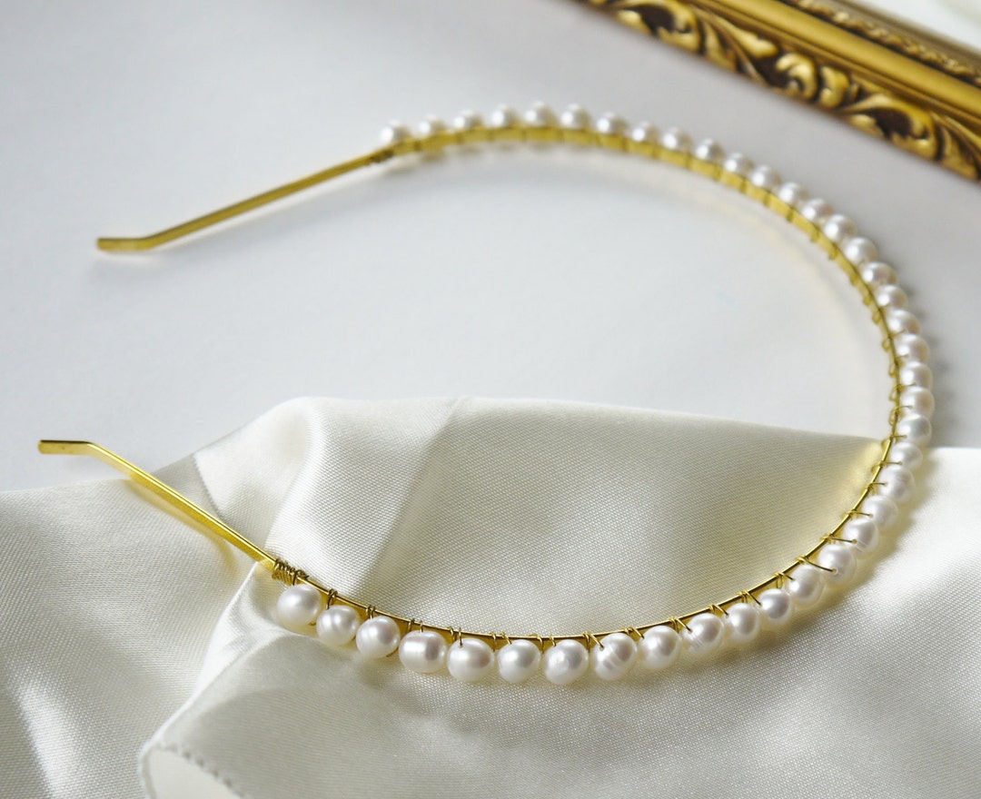 Freshwater Ivory Round Pearl Gold Alice Band Tiara for Wedding ...