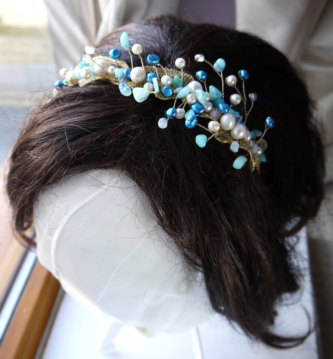 Blue Wedding Tiara OOAK Freshwater Pearl Jade Opal Gold Side - Etsy UK