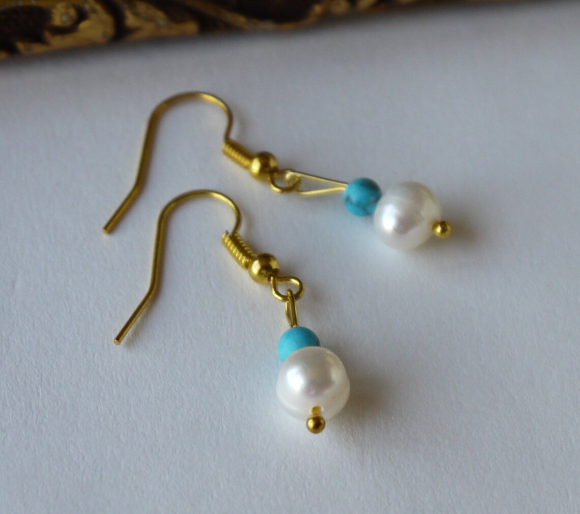 Ivory White Freshwater Round Pearl and Turquoise Gemstone Gold - Etsy