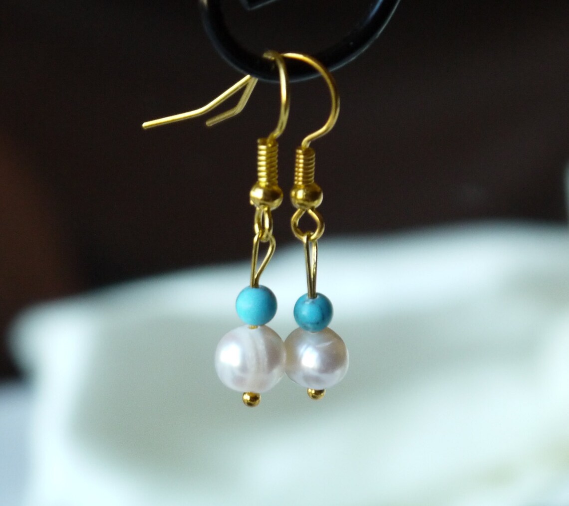 Ivory White Freshwater Round Pearl and Turquoise Gemstone Gold - Etsy