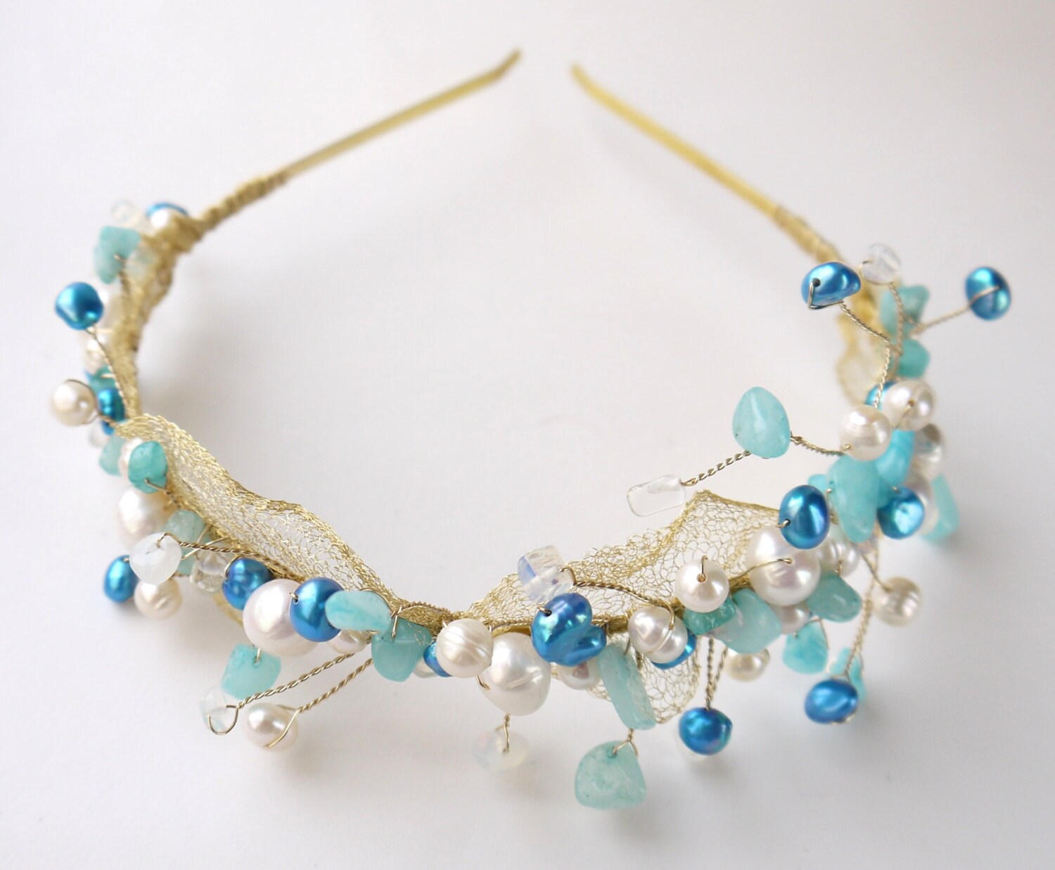 Blue Wedding Tiara OOAK Freshwater Pearl Jade Opal Gold Side - Etsy UK
