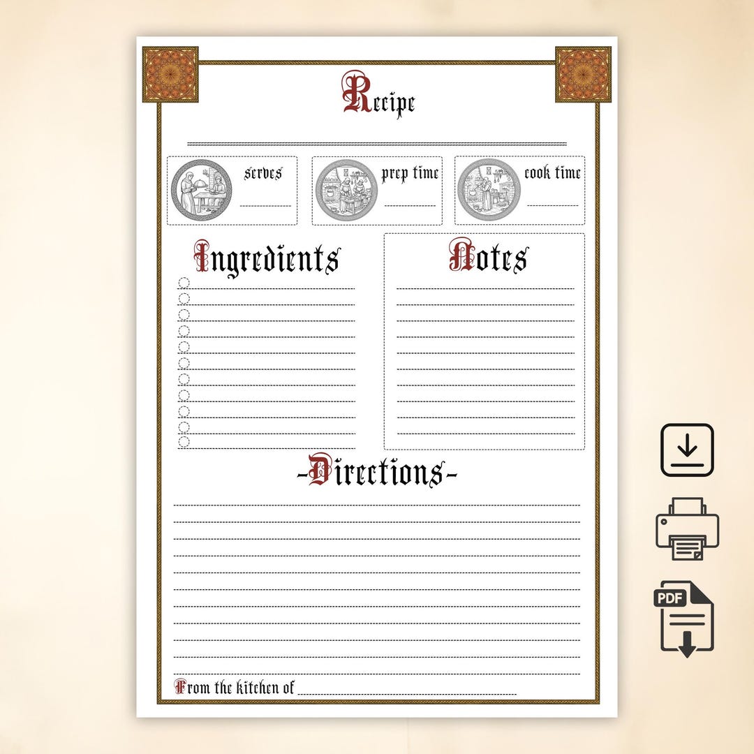 Medieval Recipe List | Printable Ingredients Card | Recipe Book Insert ...