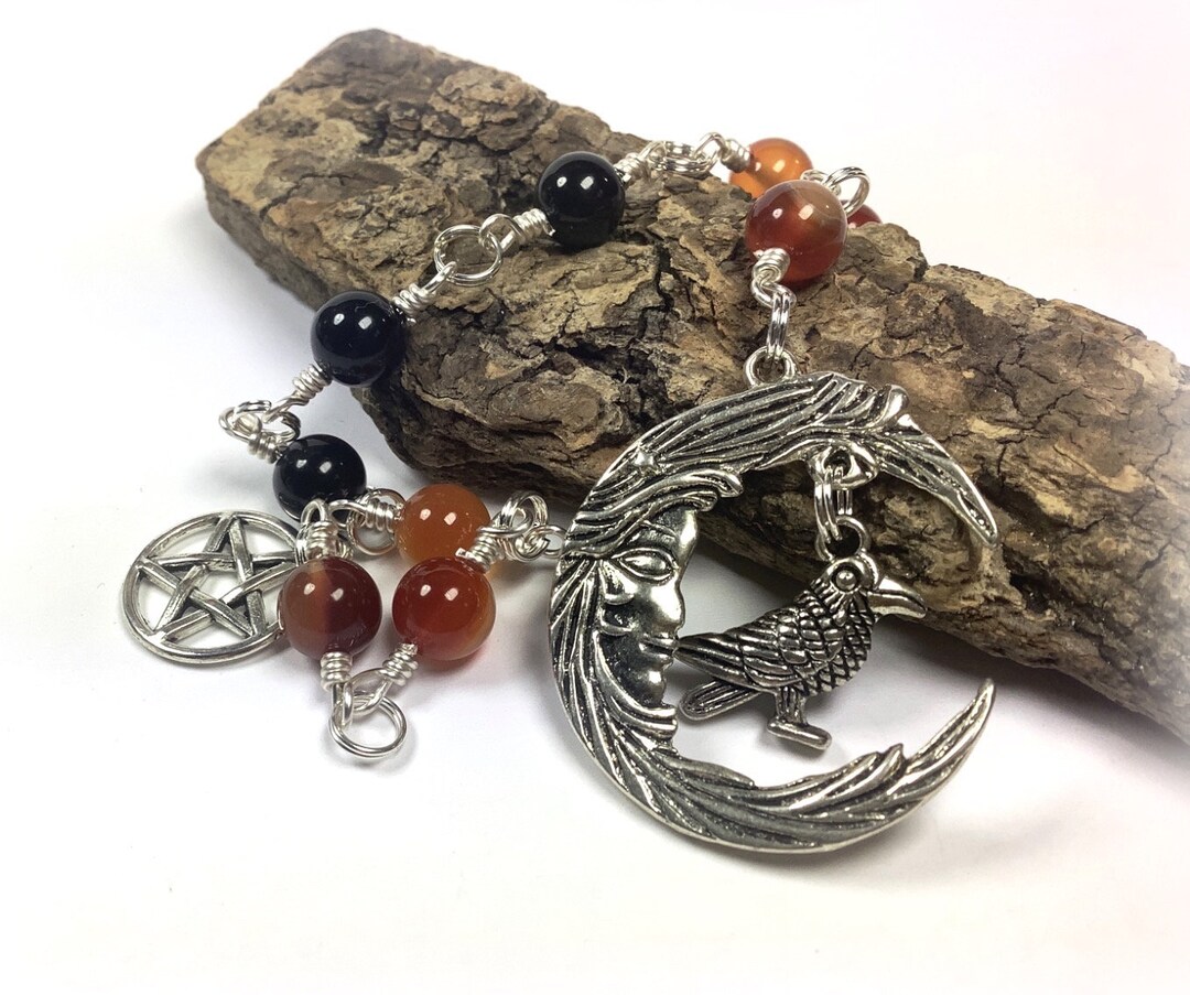 Knot Magic Witches Ladder Mala Morrigan Raven Crow Carnelian Obsidian Pentagram Pagan Wiccan ...