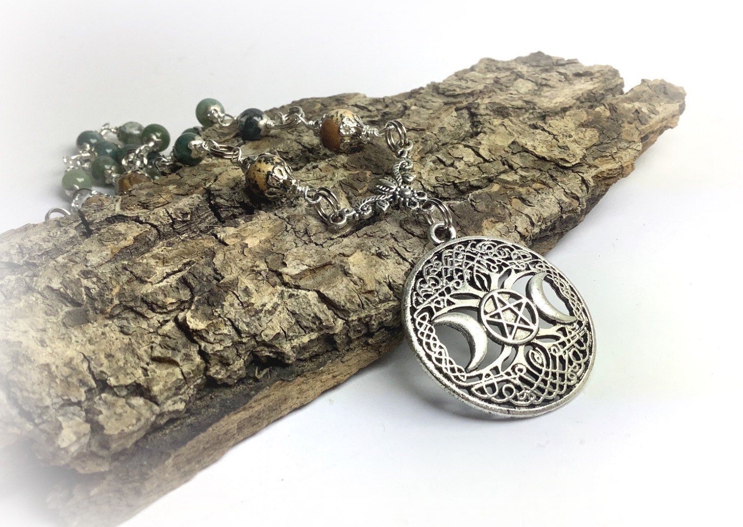Tree of Life Triple Moon Goddess Rustic Pagan Witches Rosary in Moss ...