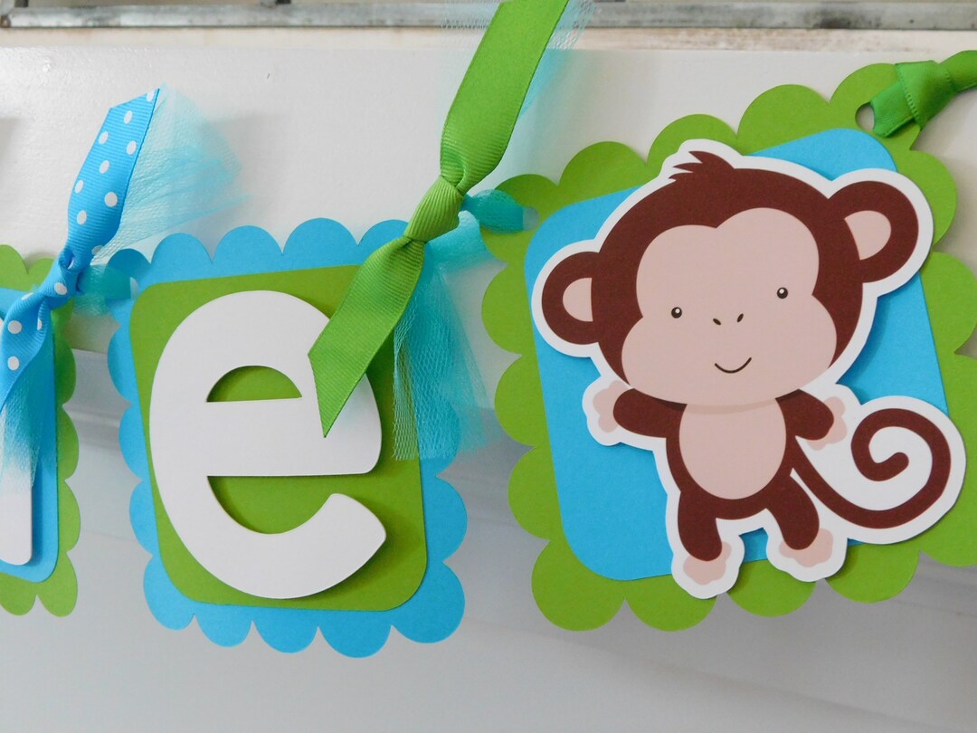 Monkey High Chair Banner, Party Decorations, Birthday Banner in Blue ...