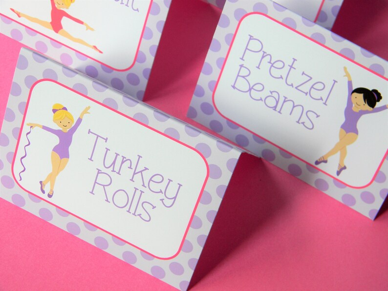 Gymnastics Party Food Tents - Customizable Labels - Gymnast Table Decor ...
