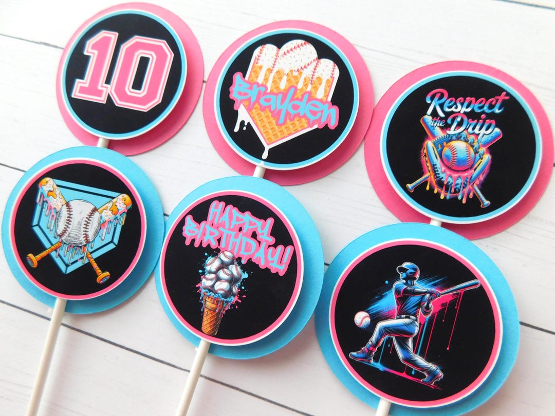 Personalized Baseball Ice Cream Drip Cupcake Toppers: Pink & Blue - Etsy
