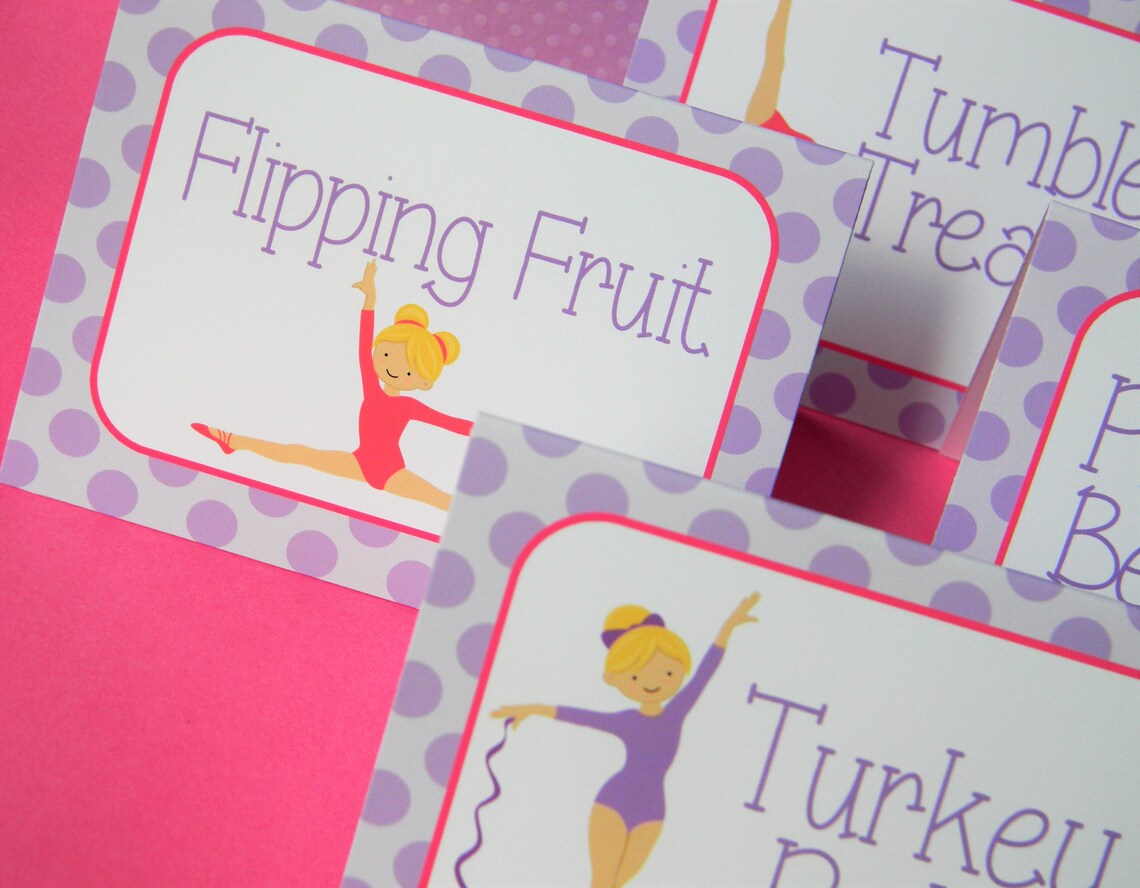 Gymnastics Party Food Tents - Customizable Labels - Gymnast Table Decor ...