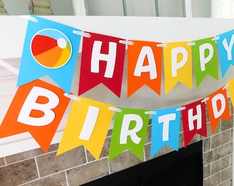 Beach Ball Birthday Banner Summer Fun Decorations Pool Party Happy ...