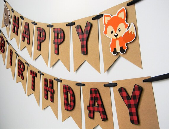Woodland Animals Banner, Happy Birthday Banner, Lumberjack Party ...