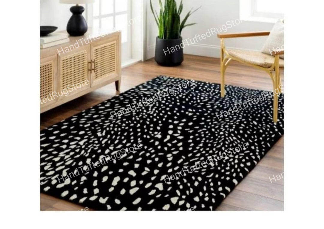 Black Leopard Print Wool Rug | Handmade Animal Pattern Modern Area ...