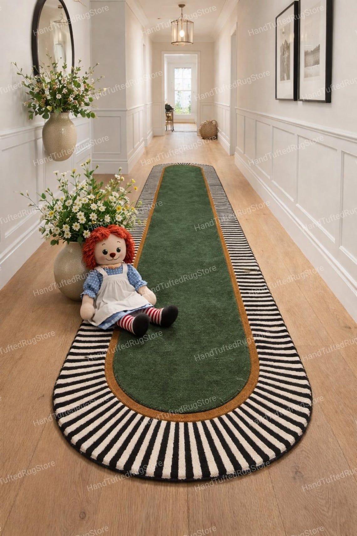 Long Green Hallway Runner Rug, Handmade Wool Carpet, Luxury Entryway ...
