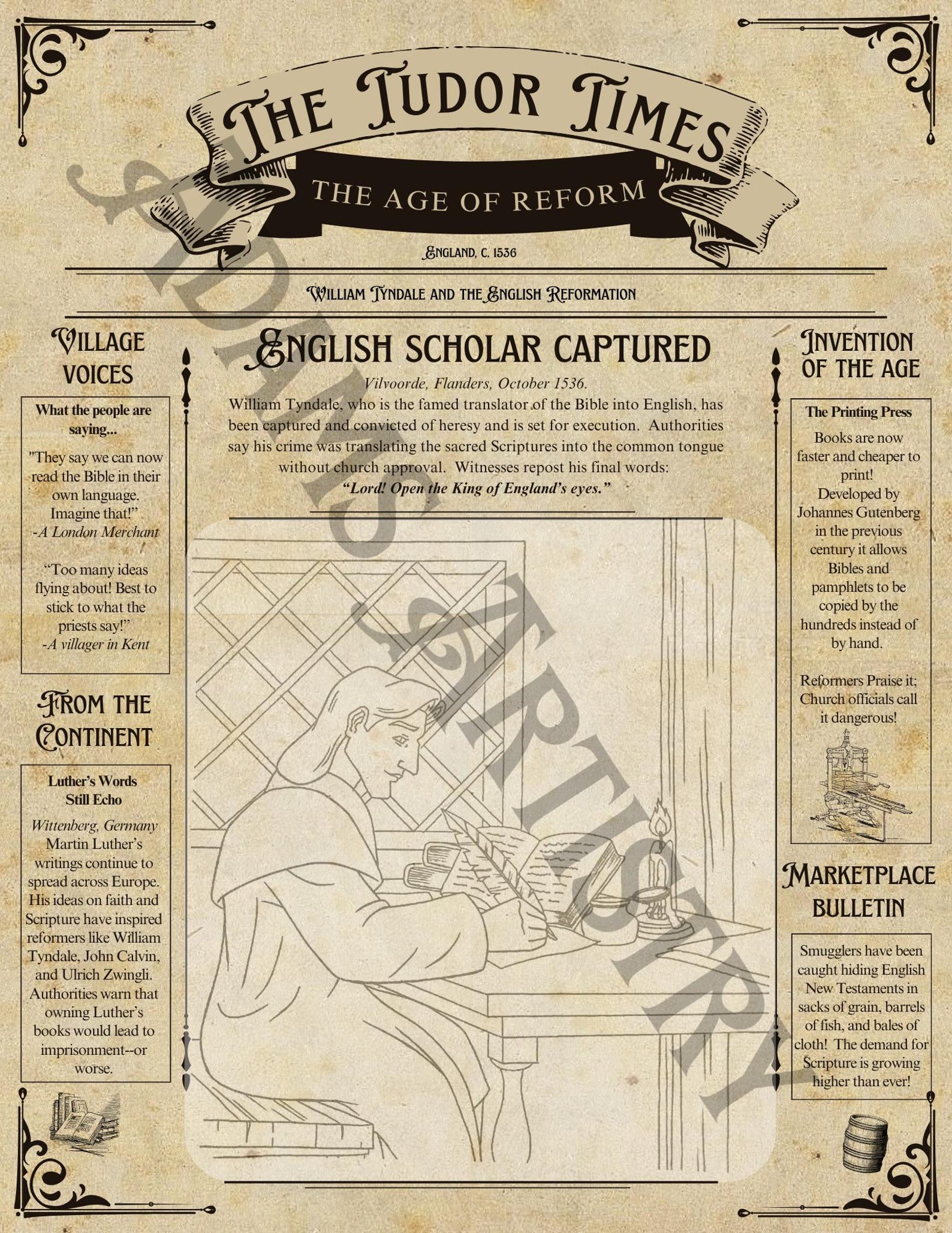Reformation Day Newspaper - William Tyndale - the Tudor Times - Etsy