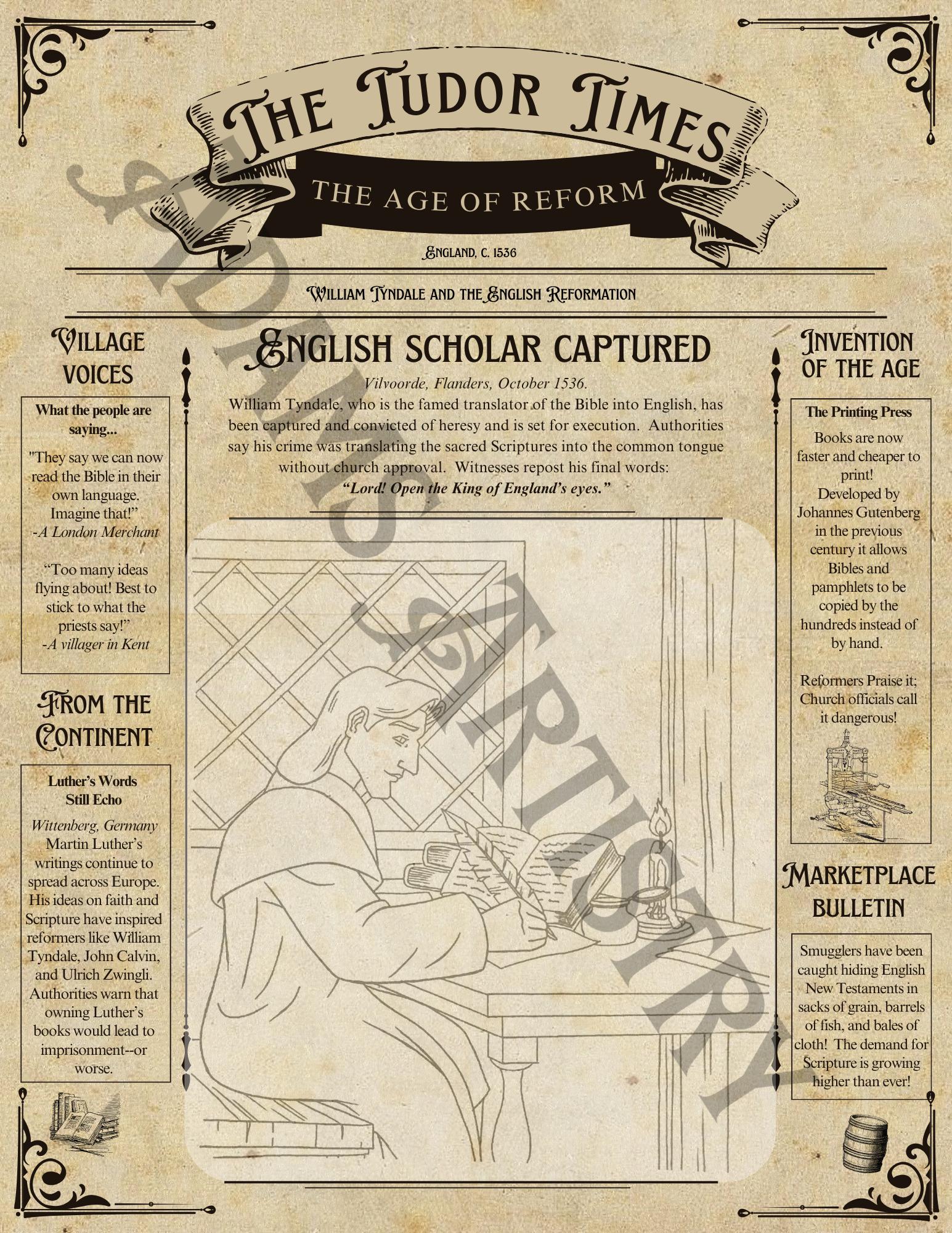 Reformation Day Newspaper - William Tyndale - the Tudor Times - Etsy