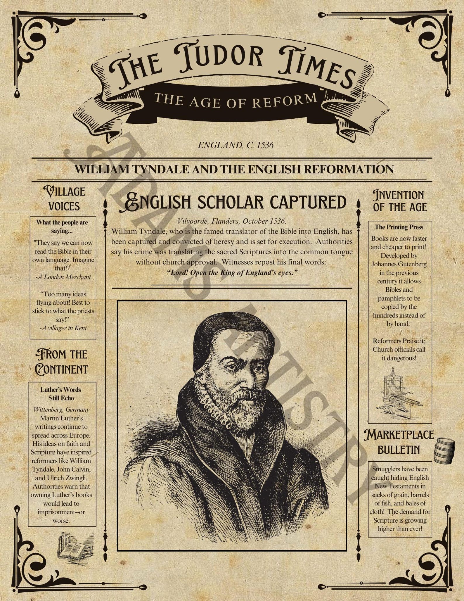 Reformation Day Newspaper - William Tyndale - the Tudor Times - Etsy