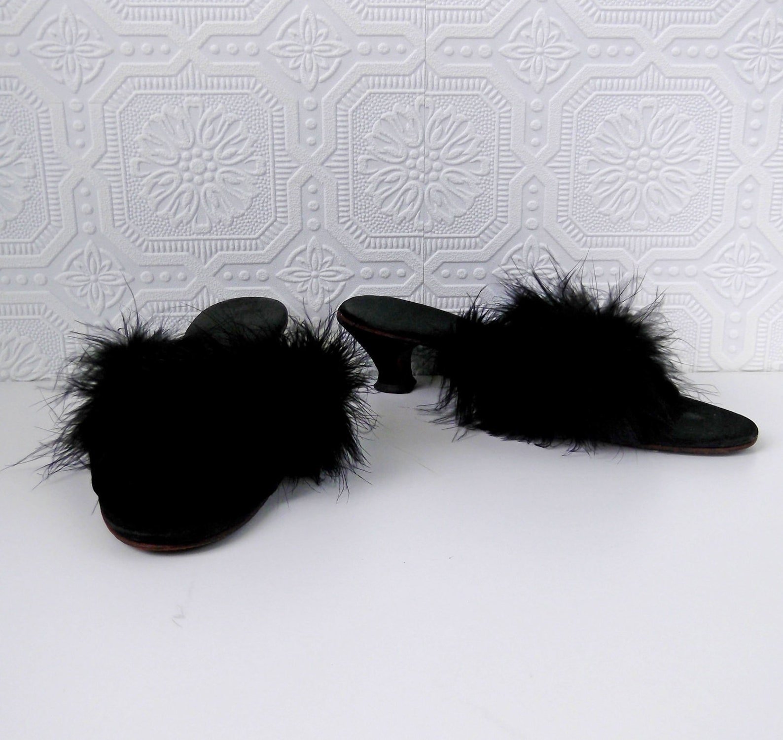 Black Feather Slippers Satin Marabou Kitten Heel Pumps Size Etsy