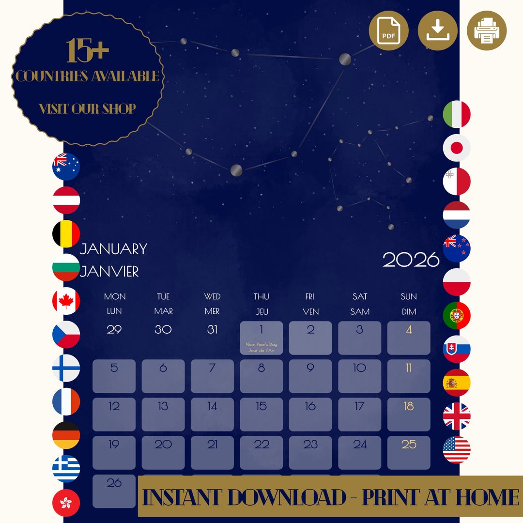 Zodiac Constellations Canada Calendar 2026, 12-month Printable Digital ...