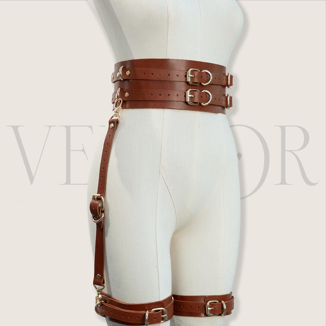 Handmade Brown Leather Wrist and Ankle Cuffs Set – Gold Hardware ...