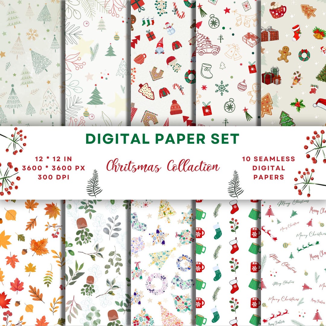 Christmas Digital Paper Set, Christmas Print Digital Pattern and Bundle ...