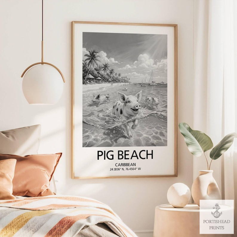 Pig Beach Travel Poster: Vintage Caribbean Black and White Print - Etsy UK