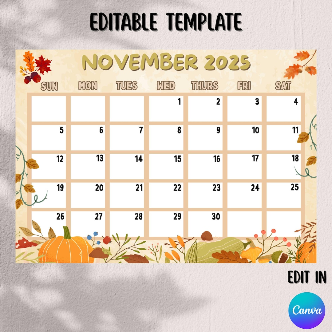 Editable and Printable November Calendar 2025 ( 5x7) Digital ...