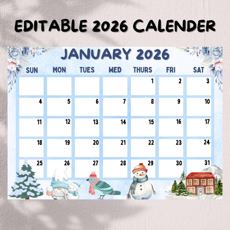 Editable and Printable January Calendar 2026 (digital Downloadable ...