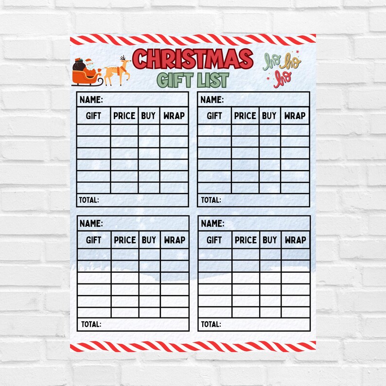 Editable Christmas Gift List Template ( 5x7 ) Digital Downloadable ...