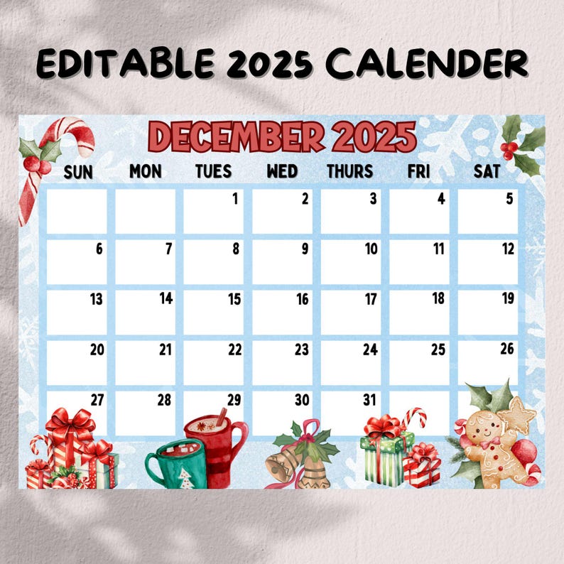 Editable and Printable 2025 December Calendar ( Digital Downloadable ...