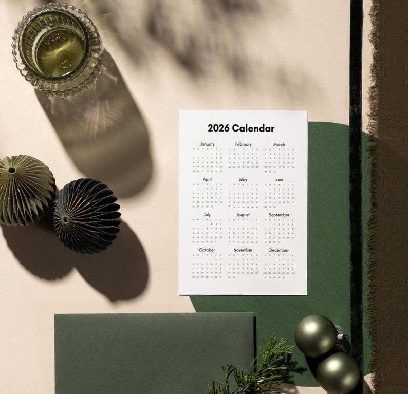 2026 One Page Calendar Printable, Minimalist Yearly Calendar,, Instant ...