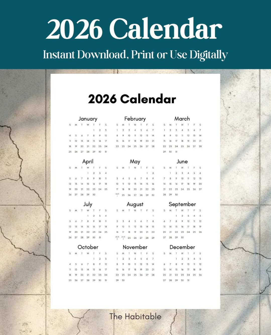 2026 One Page Calendar Printable, Minimalist Yearly Calendar,, Instant ...
