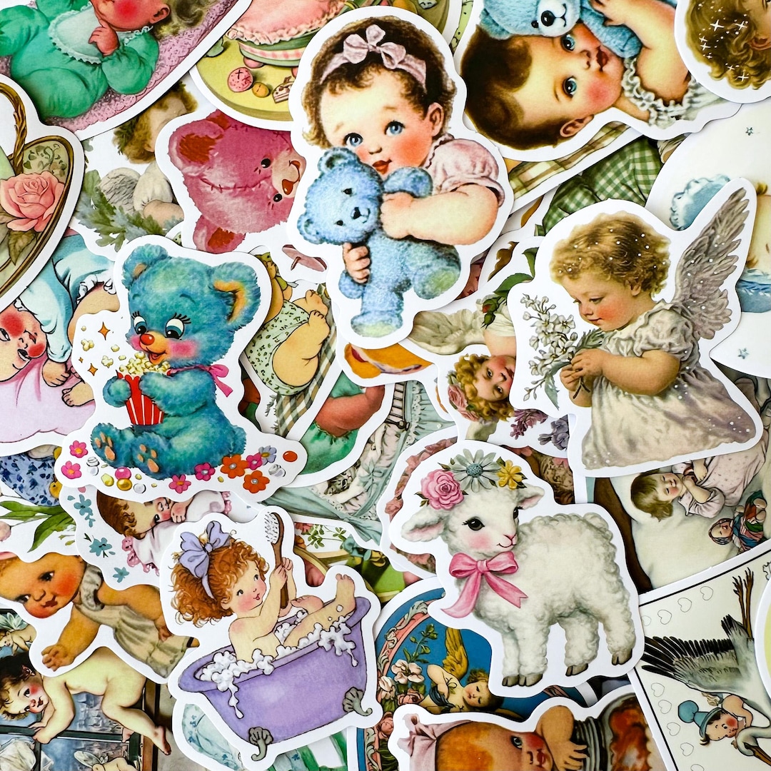 50 Random Cute Retro Baby Stickers, Angel Cherub Stickers, Classic Toy ...