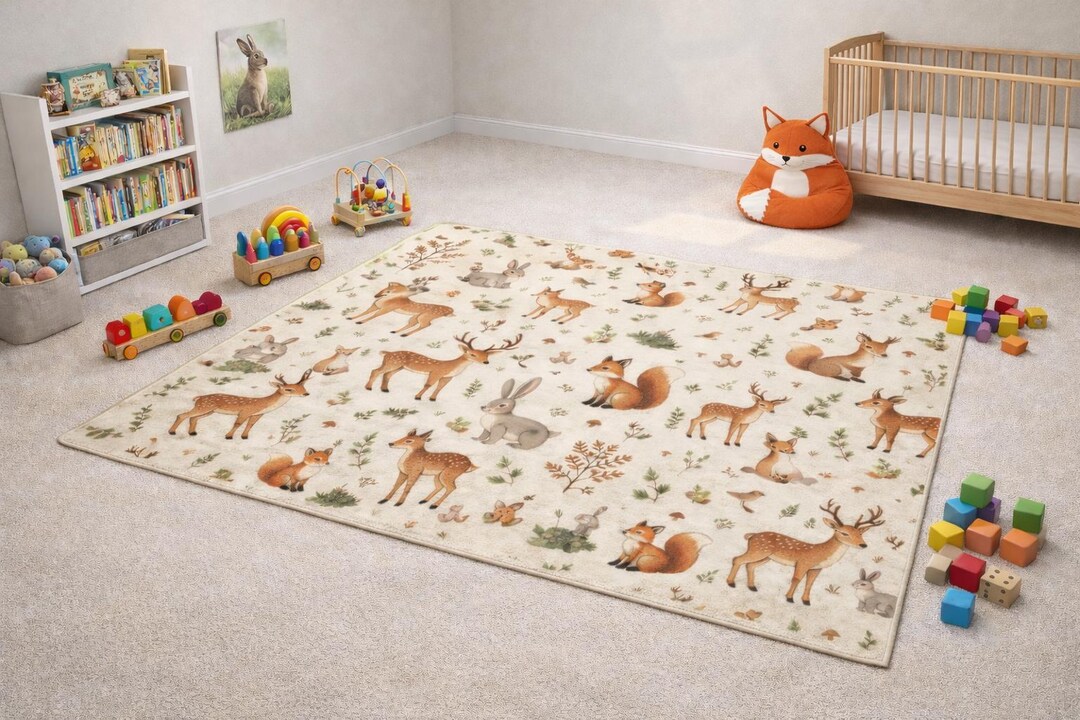 Forest Animals Kids Rug 72x48inch, Nursery Rug, Kids Room Carpet, Short ...