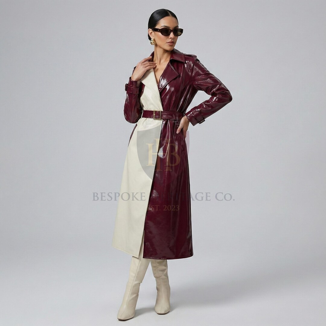 Two-tone Vinyl Trench Coat | Burgundy & White Belted Long Coat - Etsy