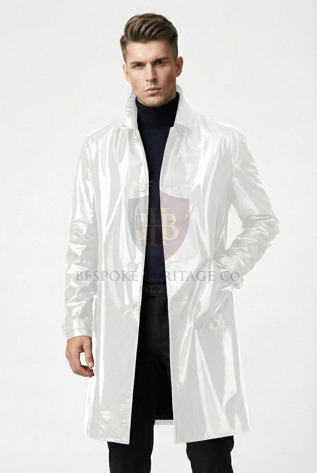 White Vinyl Trench Coat – Glossy Patent Leather Long Jacket, Gothic ...
