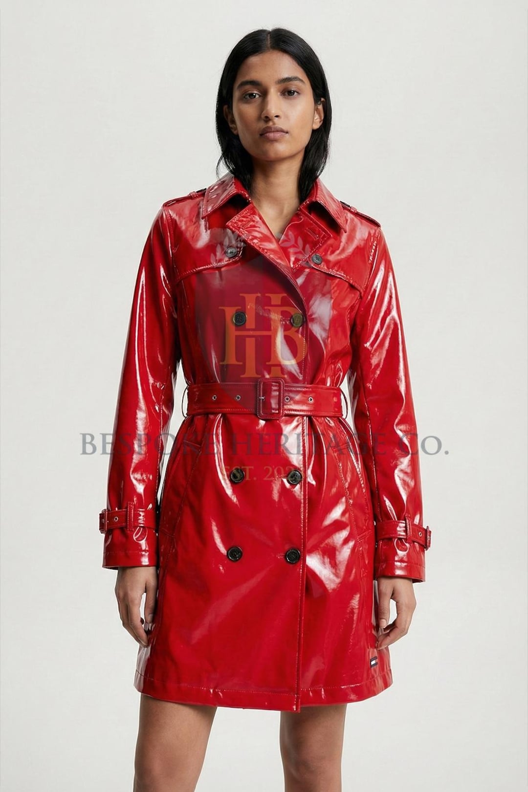 Red Vinyl Trench Coat: Glossy Patent Leather, Belted Raincoat - Etsy