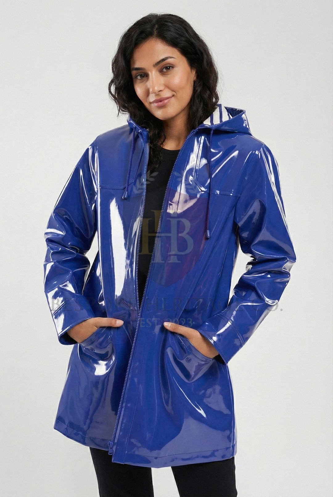 Glossy Blue Patent Rain Jacket With Hood Waterproof Vinyl Zip-up Coat ...