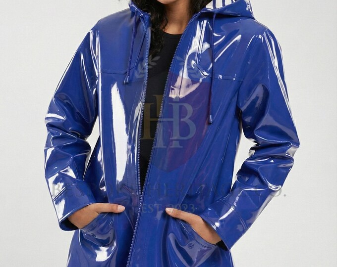 Glossy Blue Patent Rain Jacket With Hood Waterproof Vinyl Zip-up Coat ...
