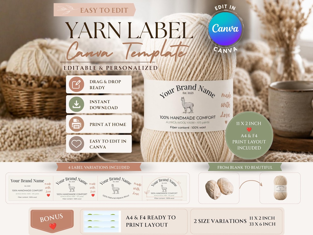 Editable Yarn Label Canva Template, Crochet Packaging Wrap, Knitting ...