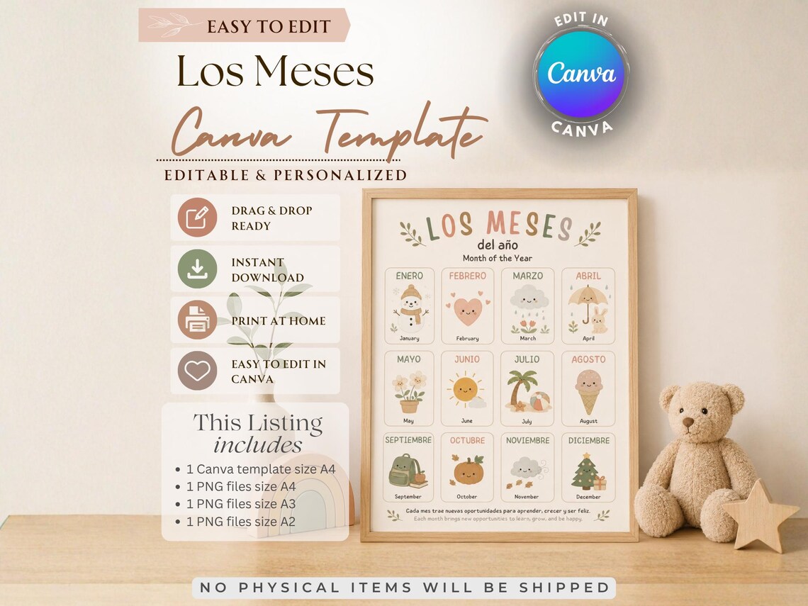 Spanish Months Poster, Montessori Classroom Decor, Editable Canva ...