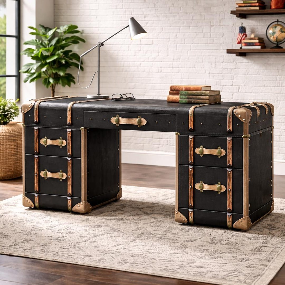 Black Aviator Trunk Writing Desk With Storage Drawers - Vintage ...