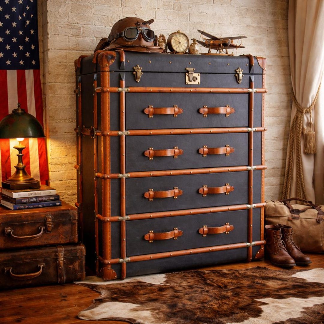 Industrial Aviator Trunk Chest | Leather Strap Wooden Dresser - Etsy