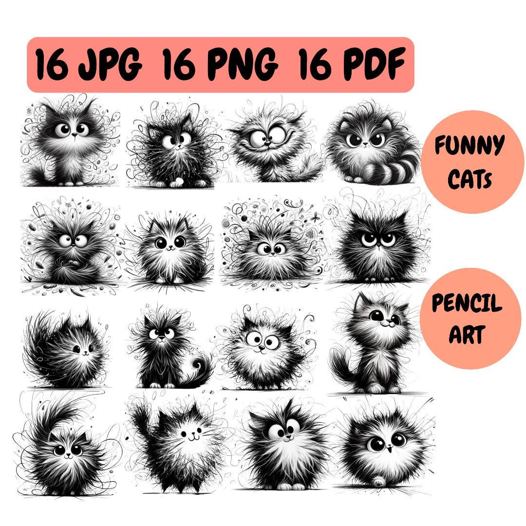 16 Cat Drawings Clipart, Pencil Art, Pet Art for Commercial Use, Black ...