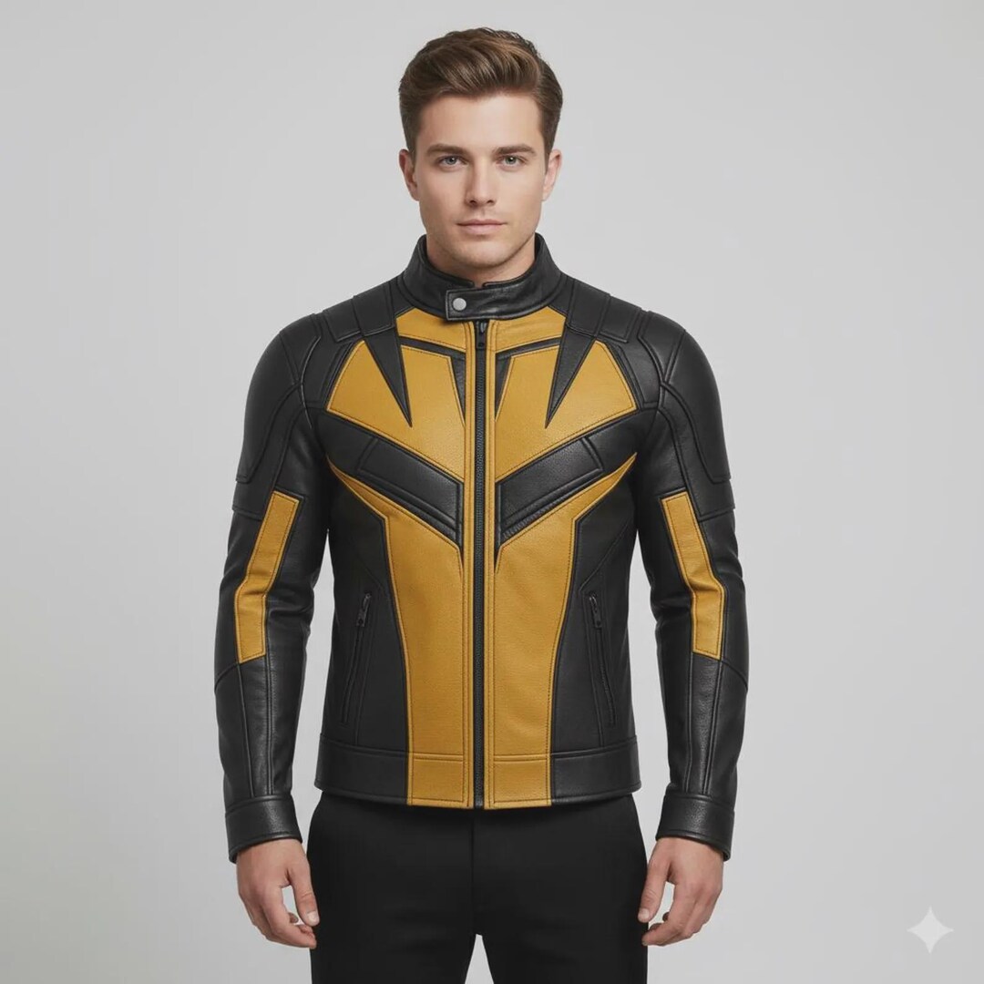 Men's Wolverine Inspired Leather Biker Jacket - Black & Yellow Cosplay ...