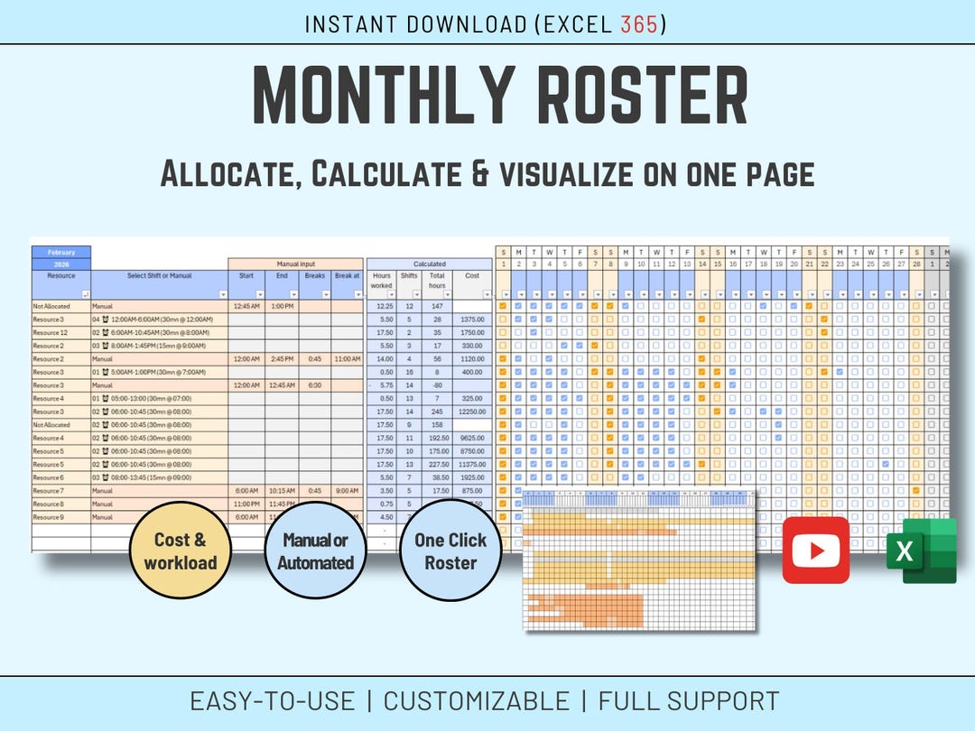 Monthly Excel Roster Template: Employee Shift Schedule (excel 365 ...