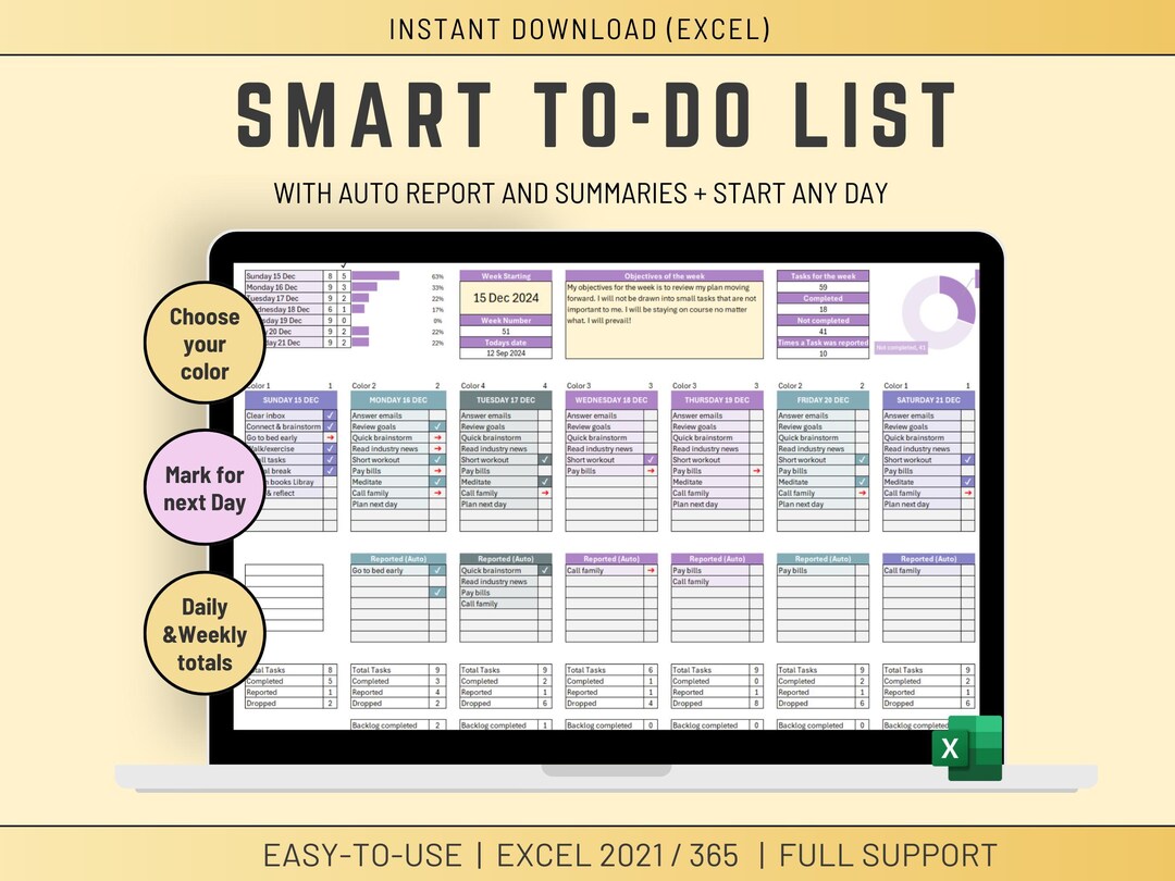 Excel Weekly To-do List | Automated Backlog Planner (digital Product ...