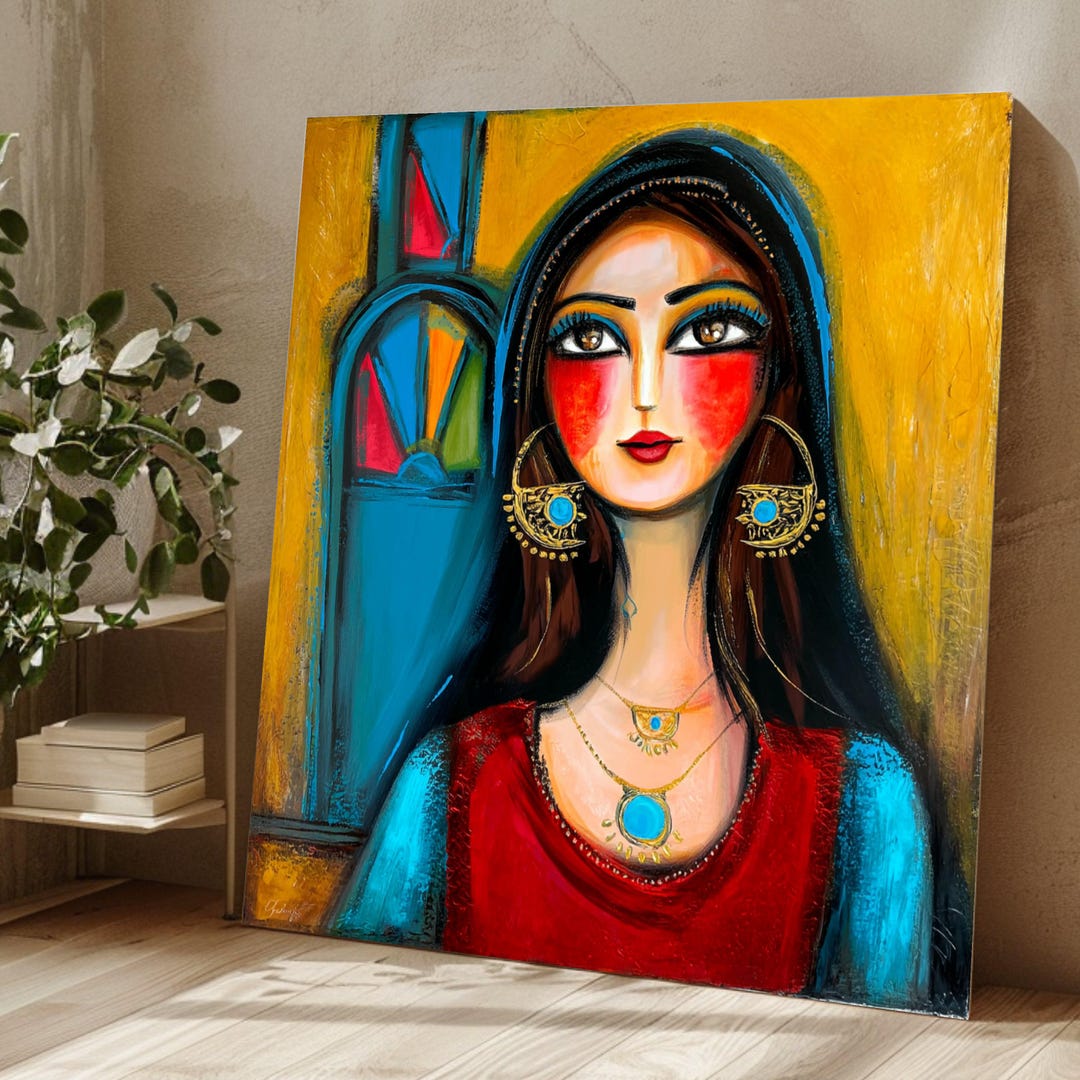Vibrant Iraqi Folklore Woman Portrait Canvas, Traditional Patterns ...