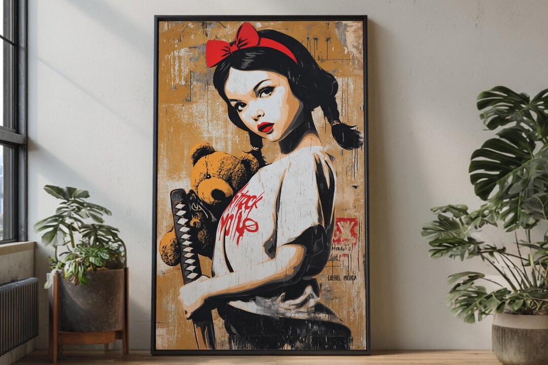 Edgy Girl With Red Bow and Teddy Bear Canvas, Street Art Wall Decor ...