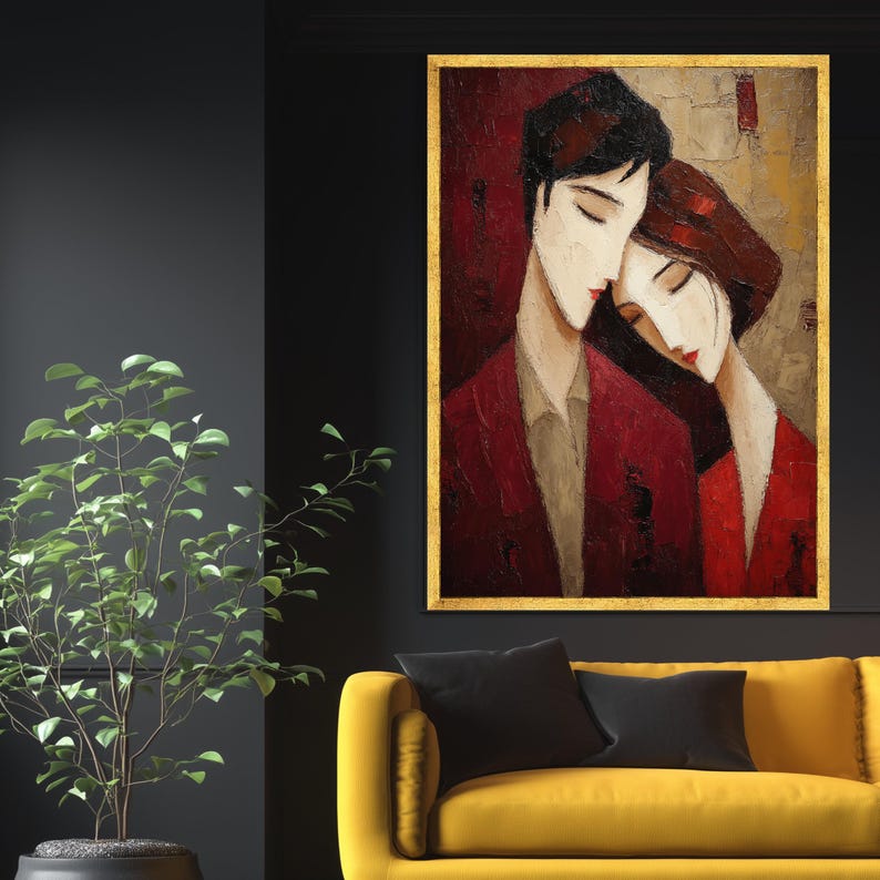 Romantic Embrace Couple Canvas, Tender Love Wall Art, Abstract Portrait ...